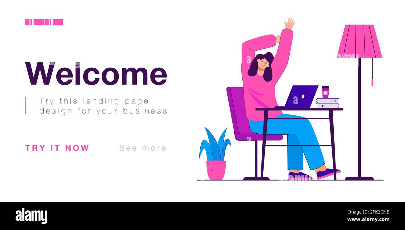 Happy employee taking break from work and stretching at desk Stock ...