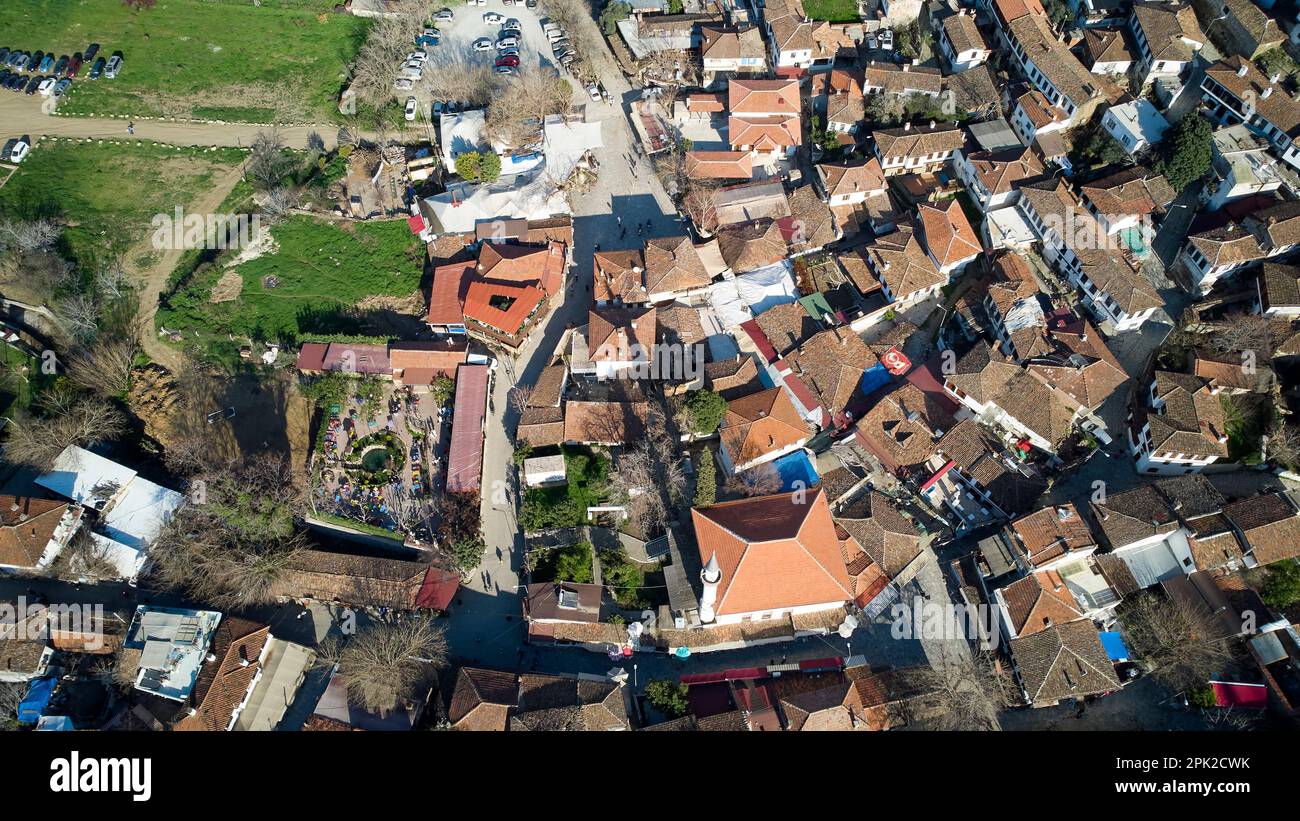 An aerial view of charming residential town with vintage buildings in ...