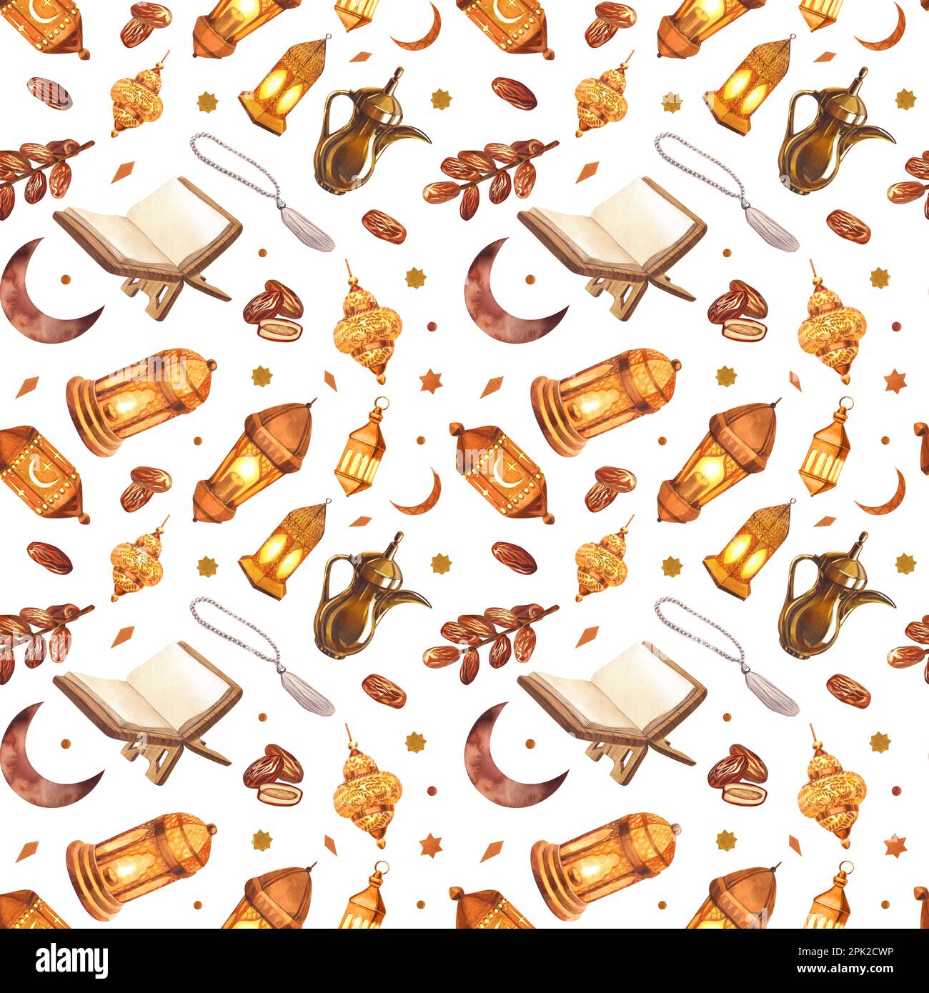 Watercolor painted seamless pattern islamic object. Hand-drawn ...