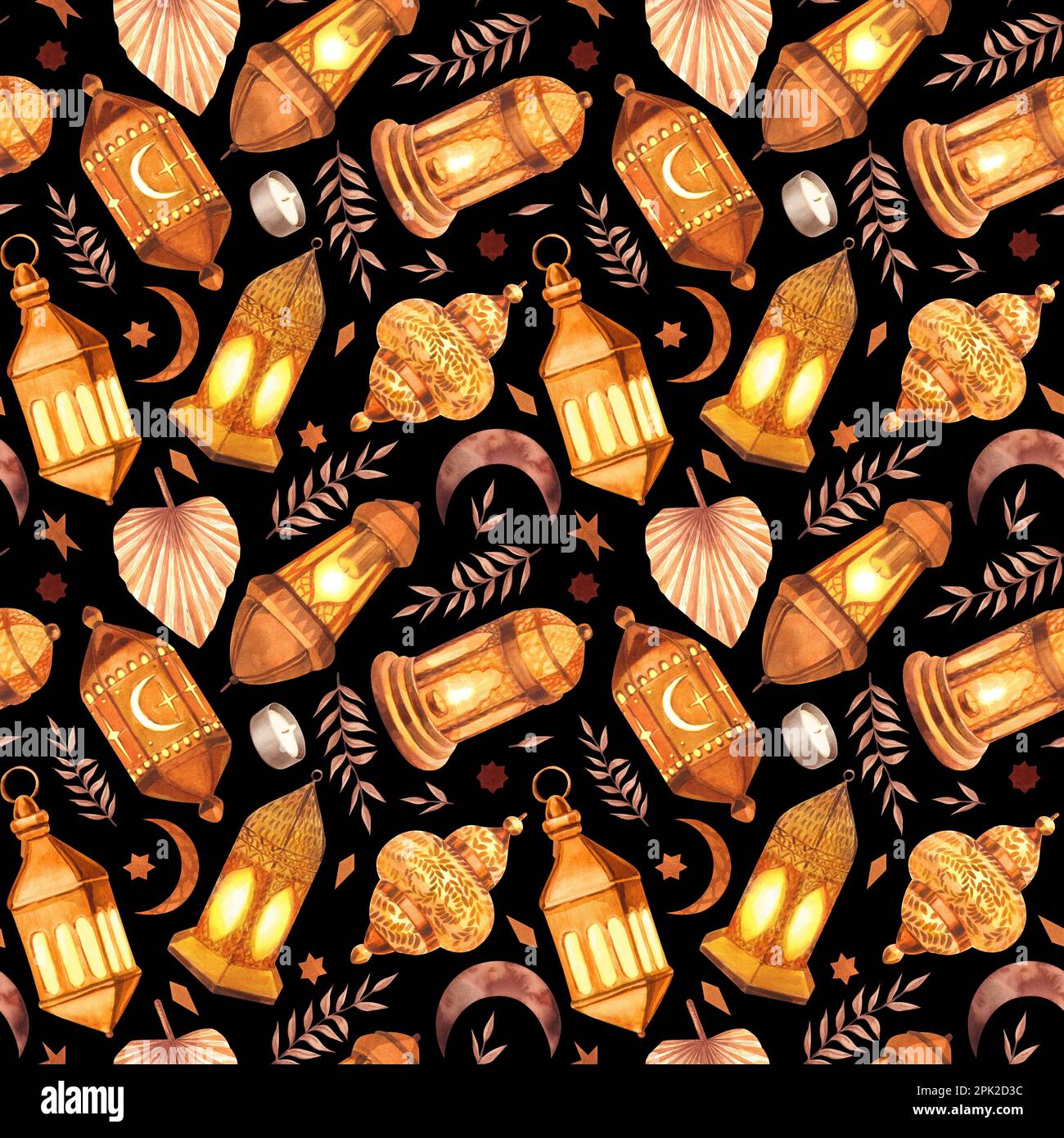 Watercolor painted seamless pattern islamic object. Hand-drawn ...