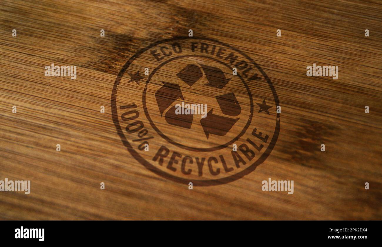 Eco friendly recycling stamp printed on wooden box. Environment ecology ...