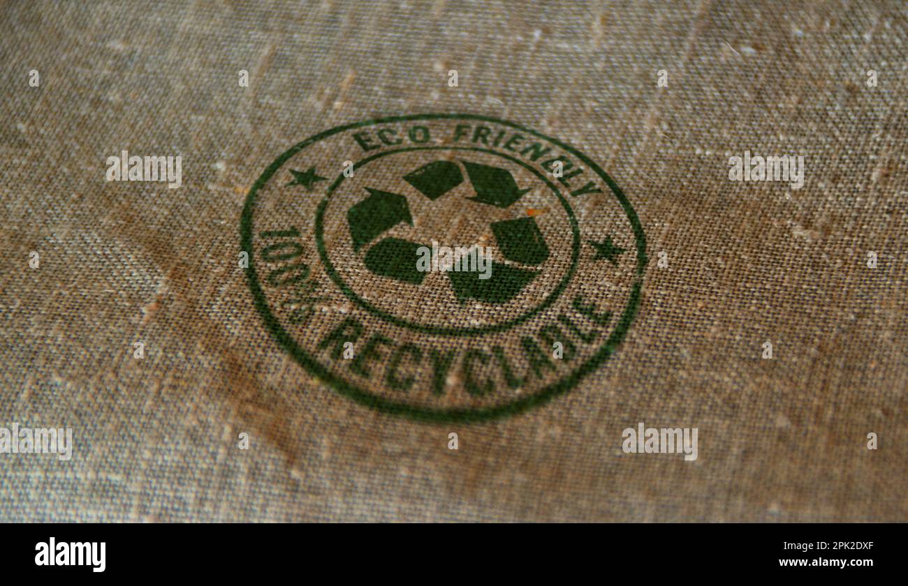Eco friendly recycling stamp printed on linen sack. Environment ecology ...