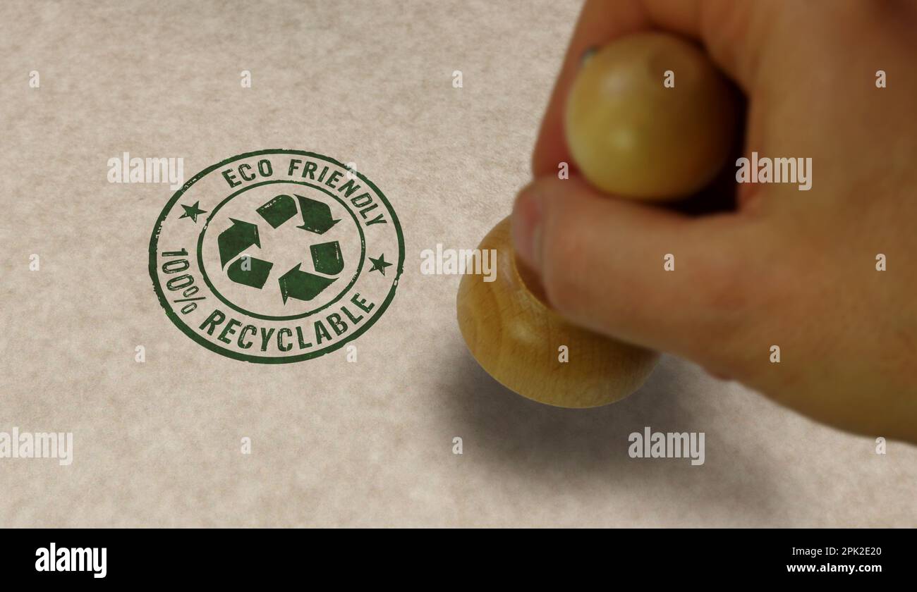 Eco friendly recycling stamp and stamping hand. Environment ecology and ...