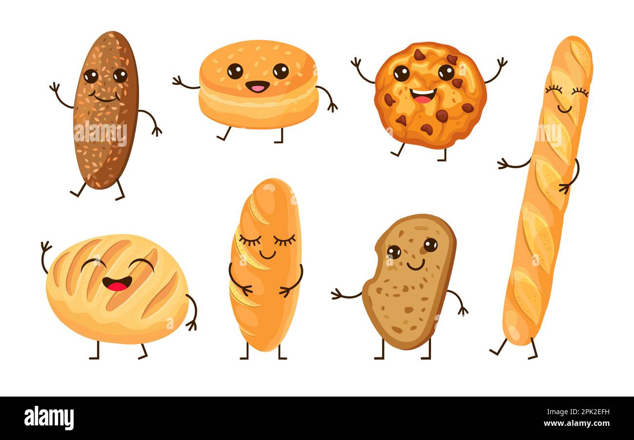 Cute bread cartoon characters vector illustrations set Stock Vector ...