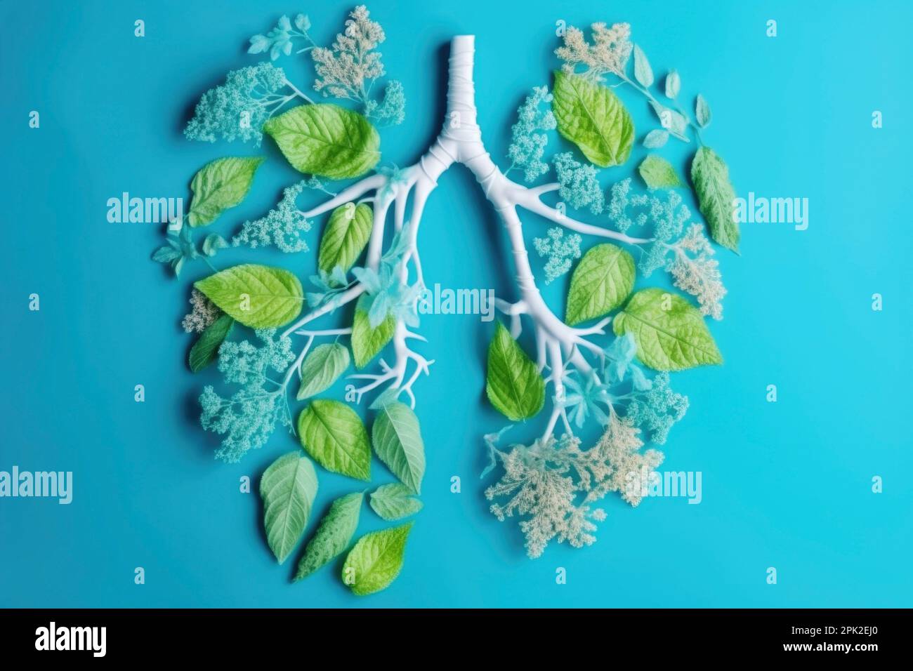 Human lungs from green leaves, blue background copy space. Healthy ...