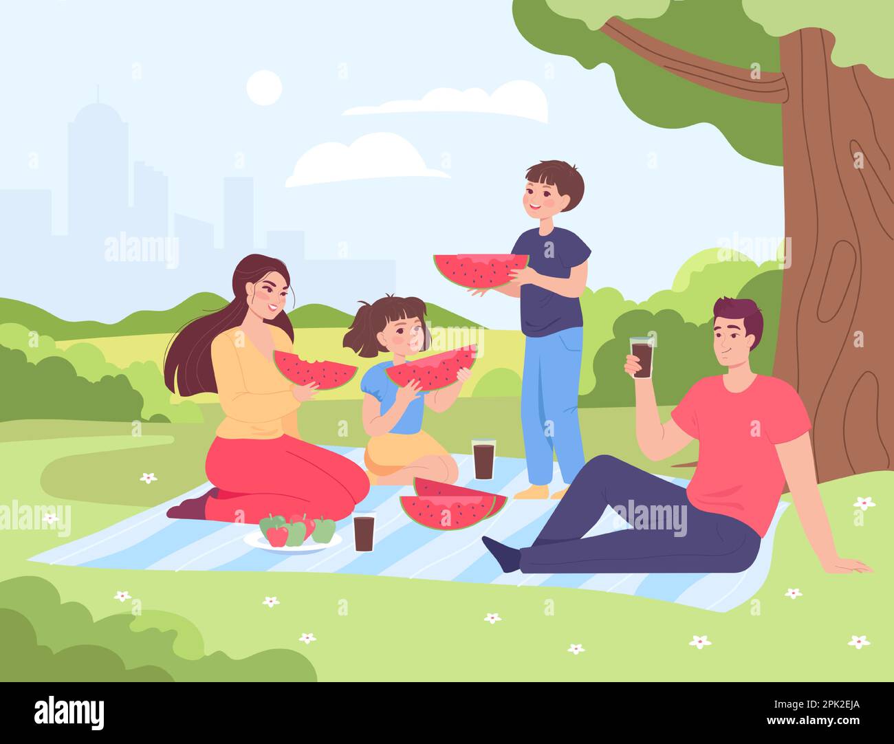 Cartoon mother, father and children having picnic on lawn Stock Vector ...