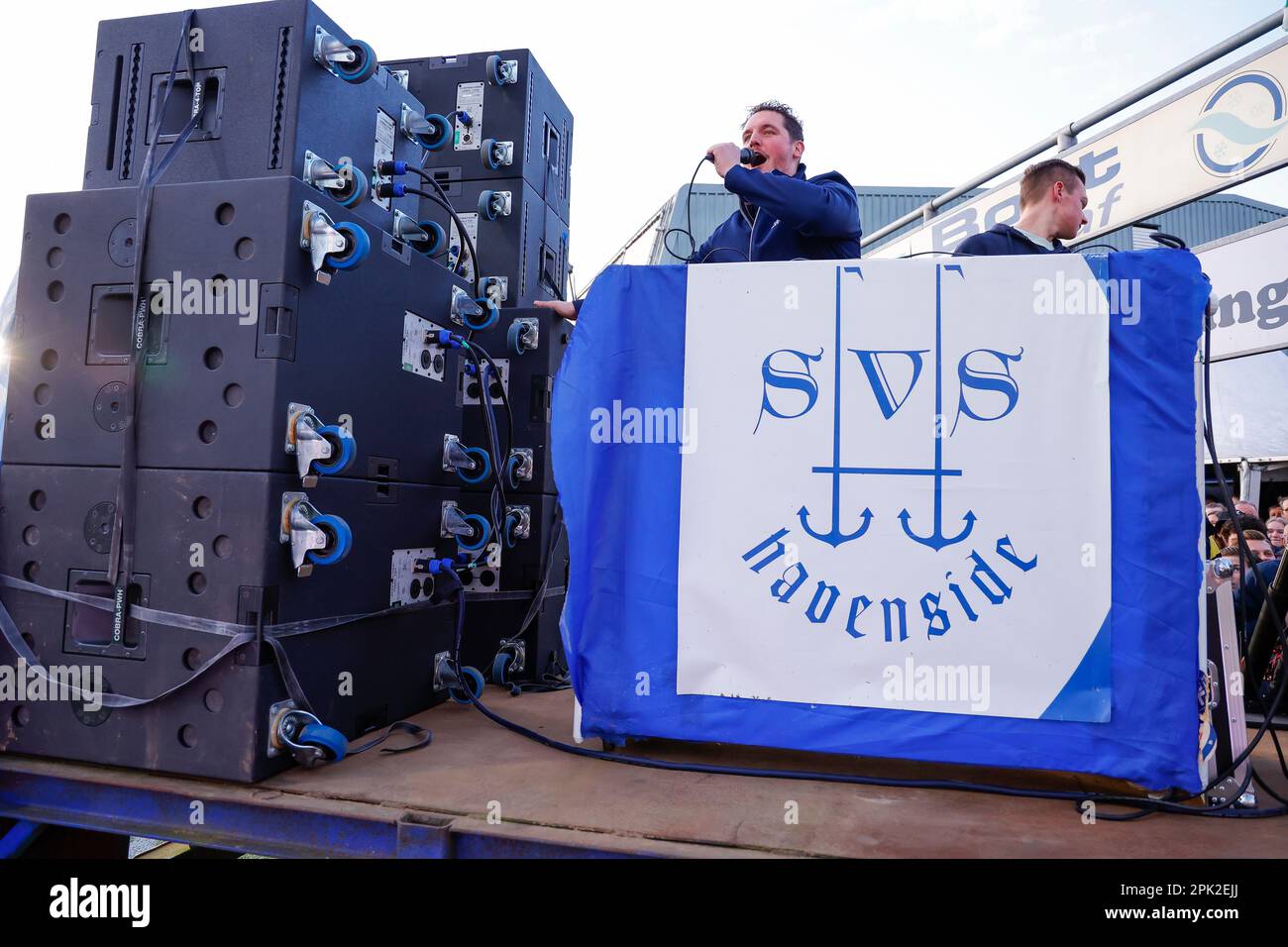 04-04-2023: Sport: Spakenburg v PSV SPAKENBURG, NETHERLANDS - APRIL 4: DJ booth at the stadium ...