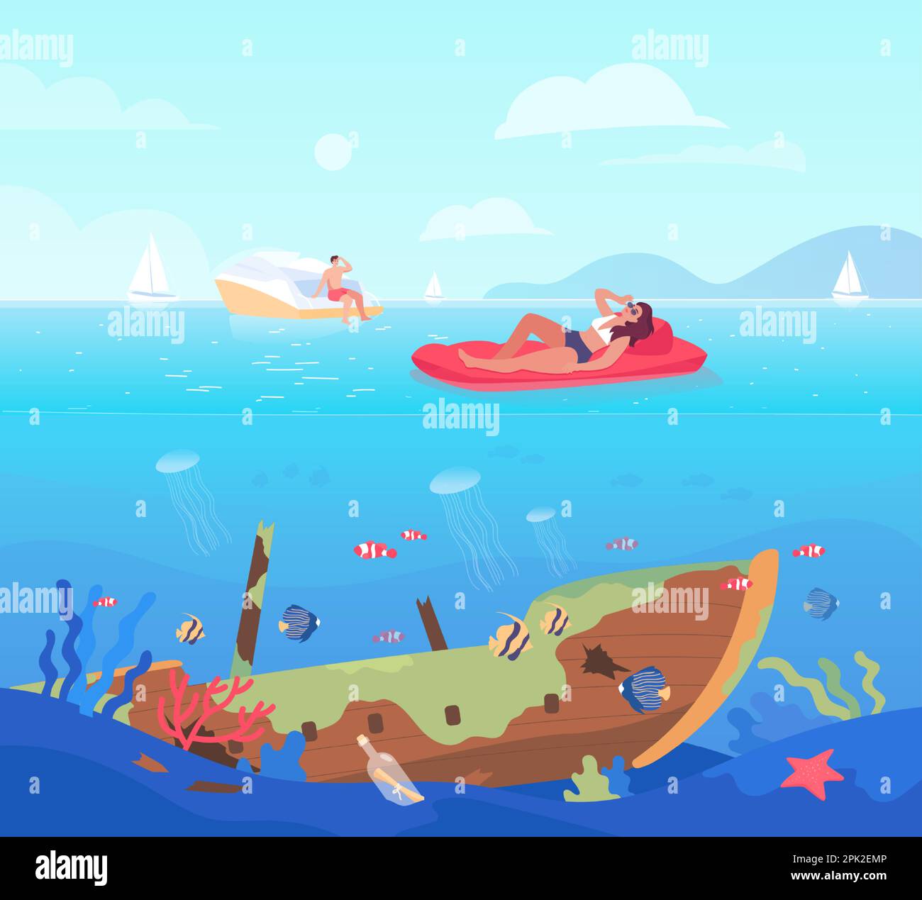 Cartoon people relaxing at sea and sunken boat underwater Stock Vector ...
