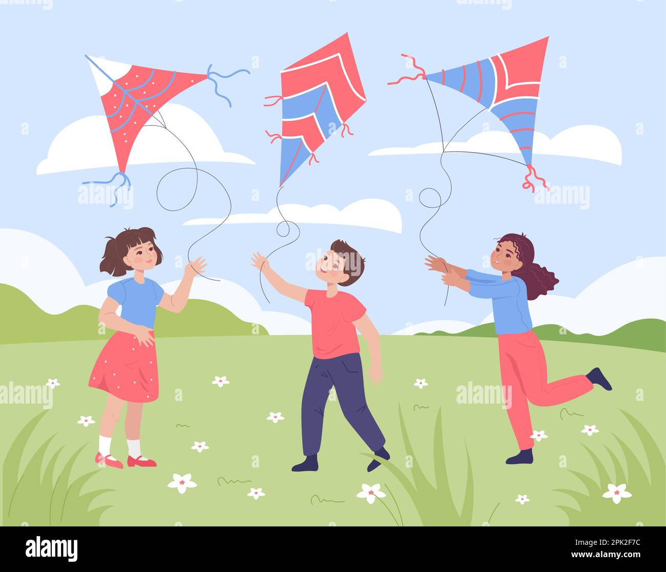 Kids flying kites on lawn flat vector illustration Stock Vector Image ...