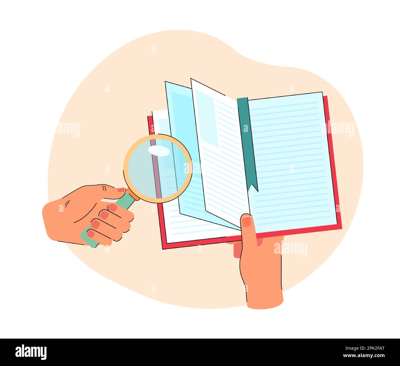 Hands holding magnifying glass and open paper book Stock Vector Image ...