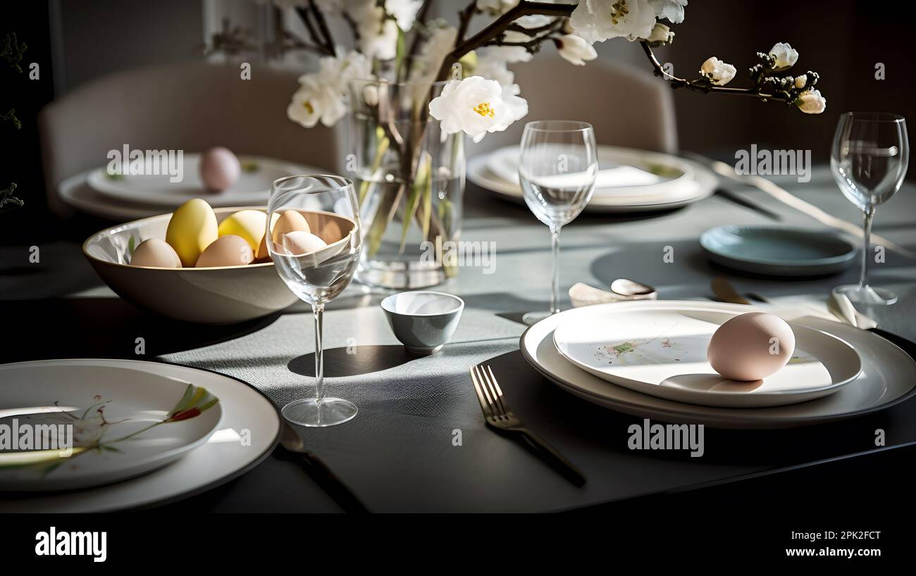 A formal dining table set with white porcelain plates, polished ...