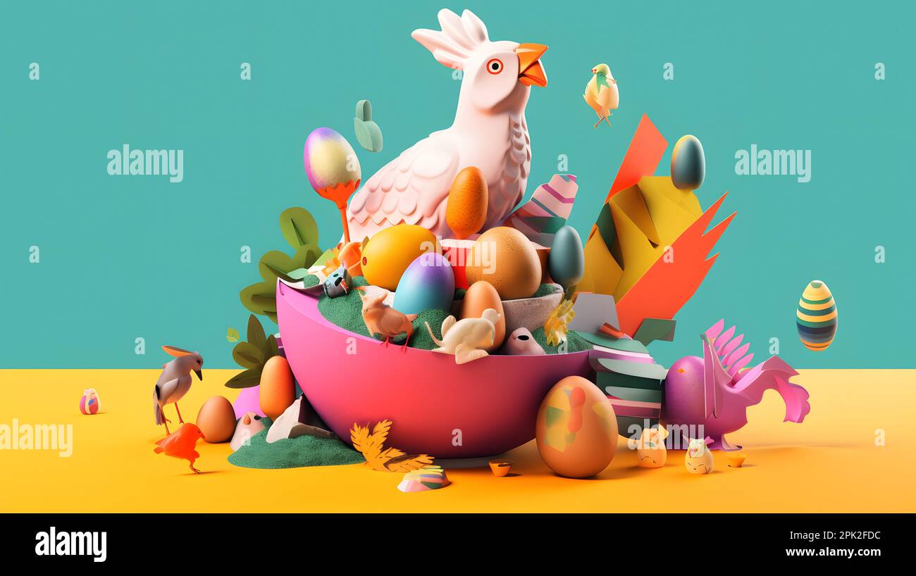 A cheerful bird perched atop an opened Easter eggshell, surrounded by a ...