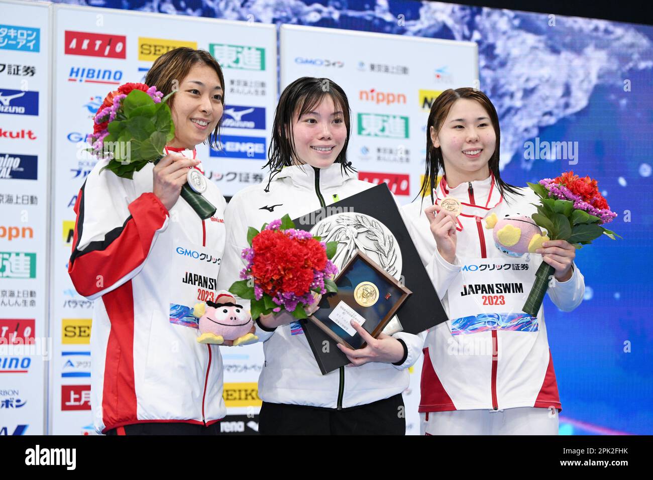 Tokyo, Japan. Credit: MATSUO. 5th Apr, 2023. (L-R) Satomi Suzuki, Reona Aoki, Yukino Miyasaka ...