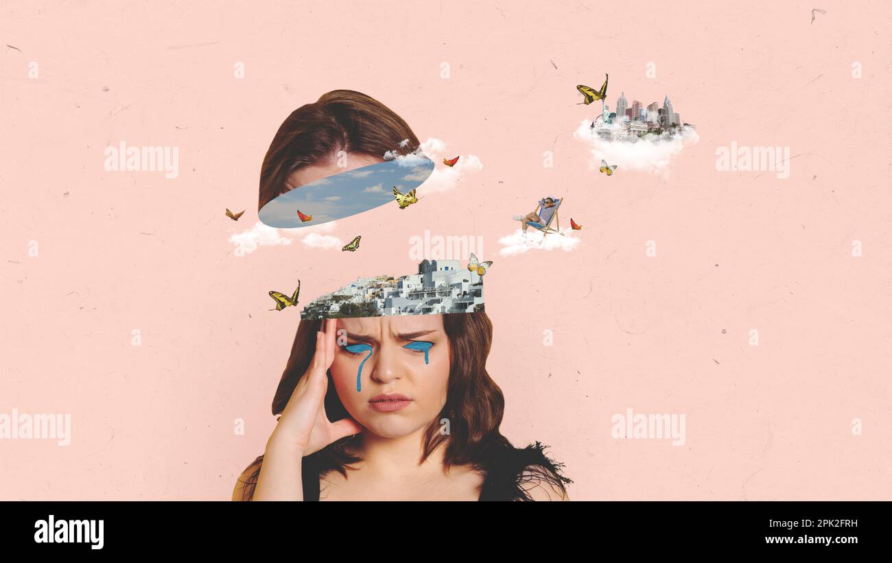 Surreal design with woman crying, city landscape appearing from head ...