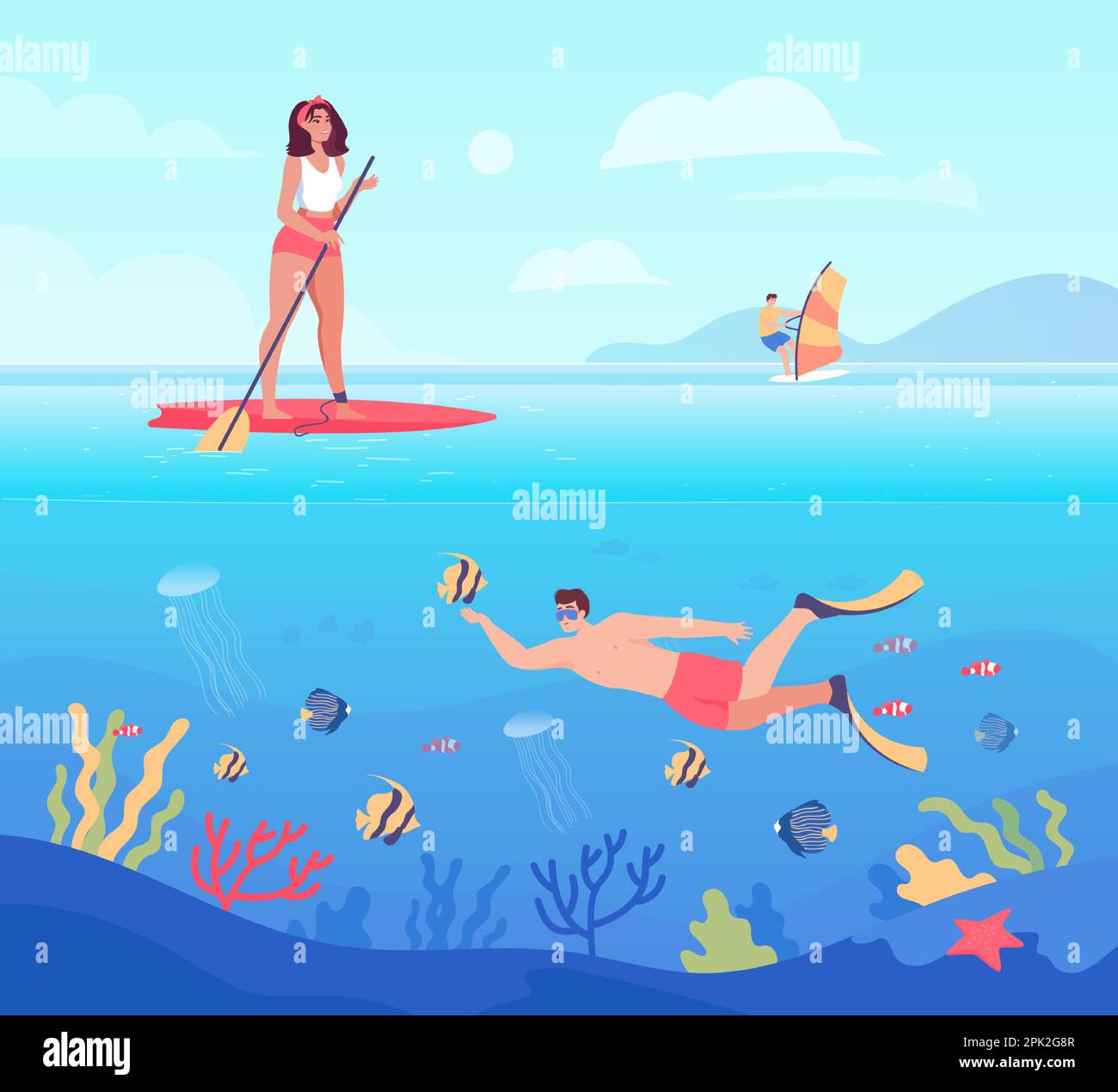 Cartoon people doing different water sports at sea Stock Vector Image ...