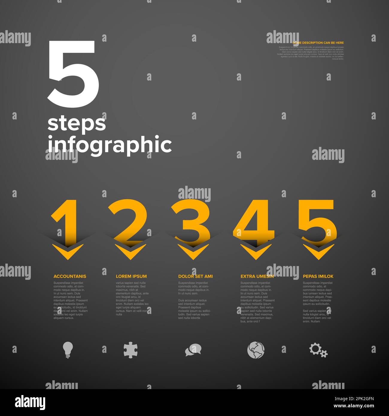 Vector dark five steps progress template with big arrows and yellow ...