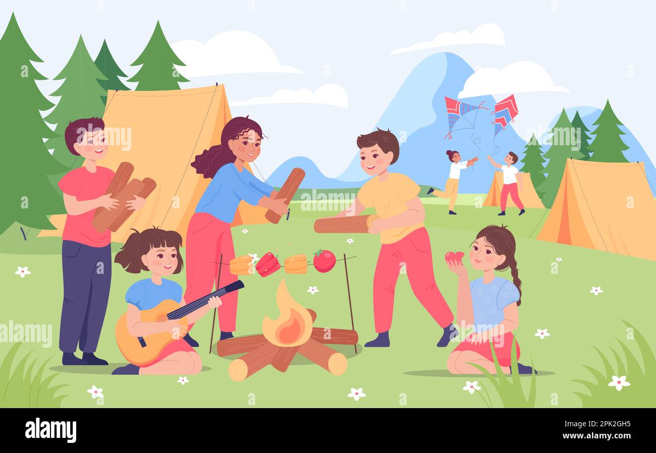 Cute children at summer camp in mountains Stock Vector Image & Art - Alamy
