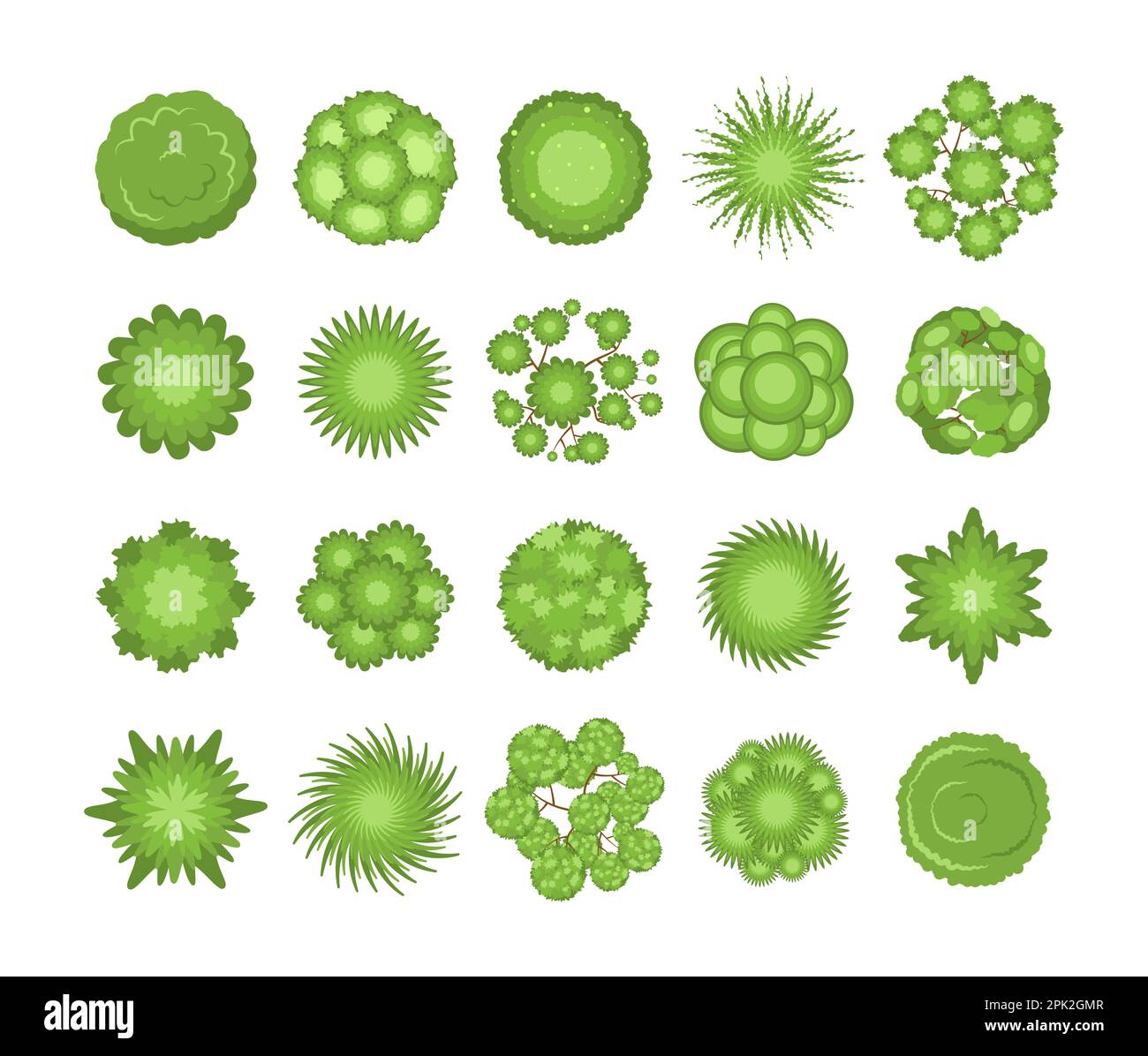 Top view of green trees and bushes vector illustrations set Stock ...