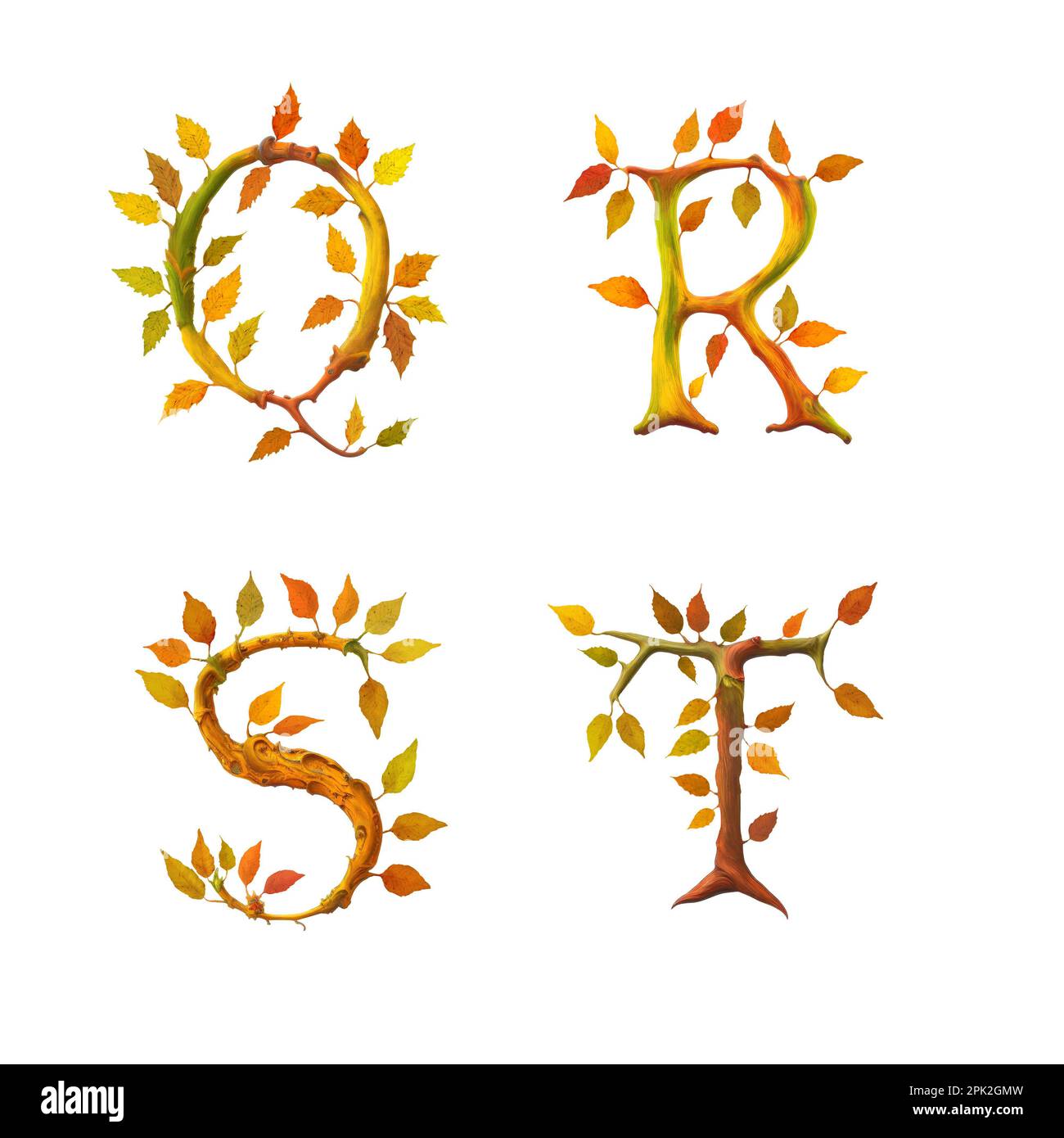 3D illustration of stylized autumn leaf tree alphabet - letters Q-T ...