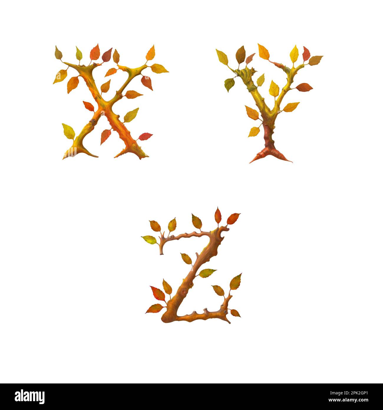 3D illustration of stylized autumn leaf tree alphabet - letters X-Z ...
