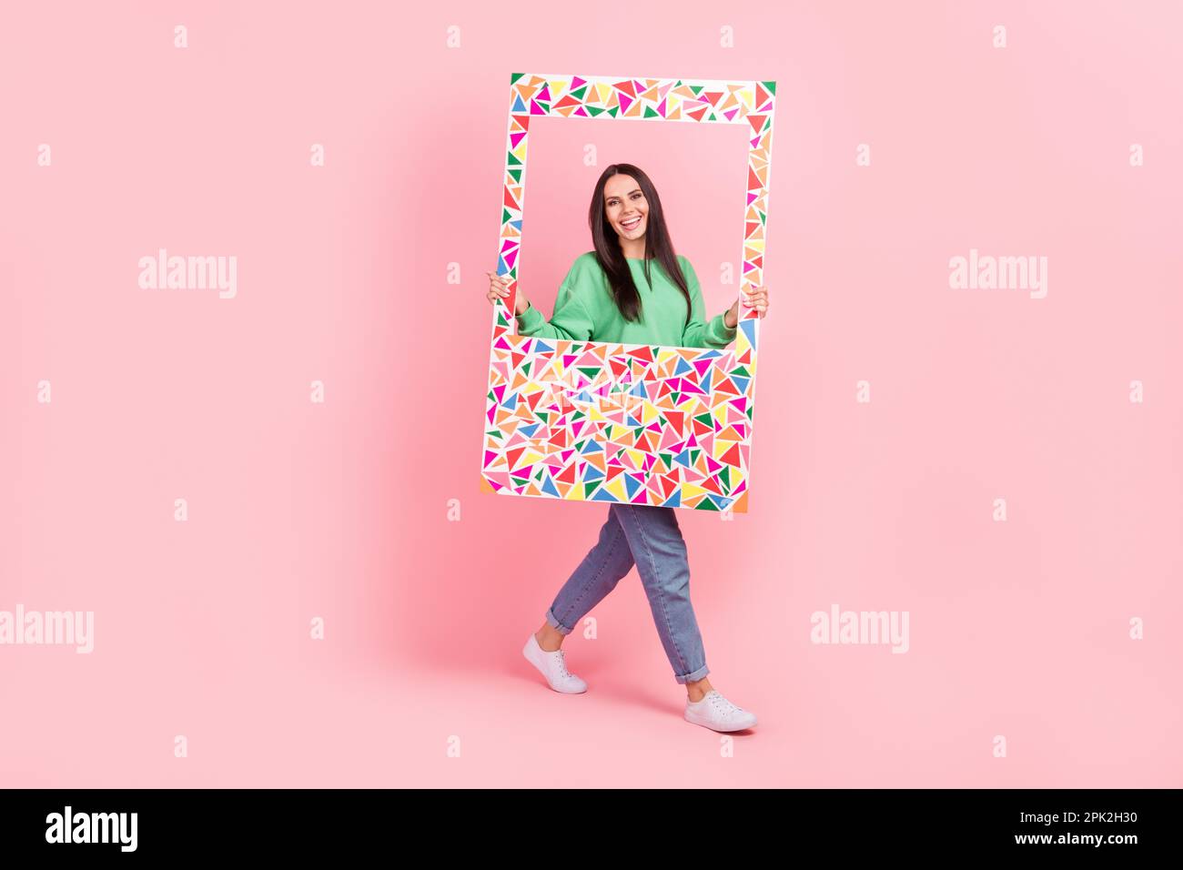 Full length photo of adorable positive lady wear bright green clothes ...