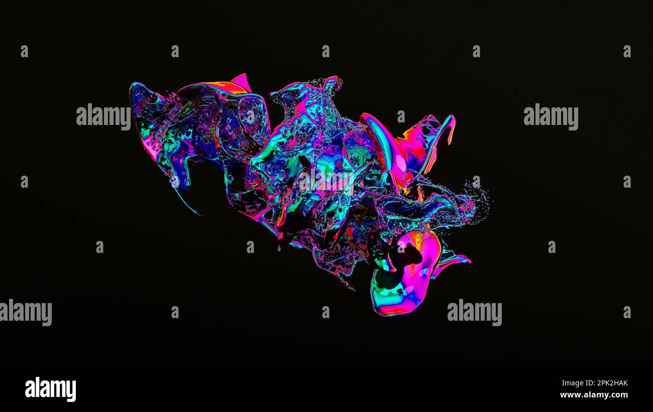 3d render, Abstract smooth shape holographic colors on black background ...