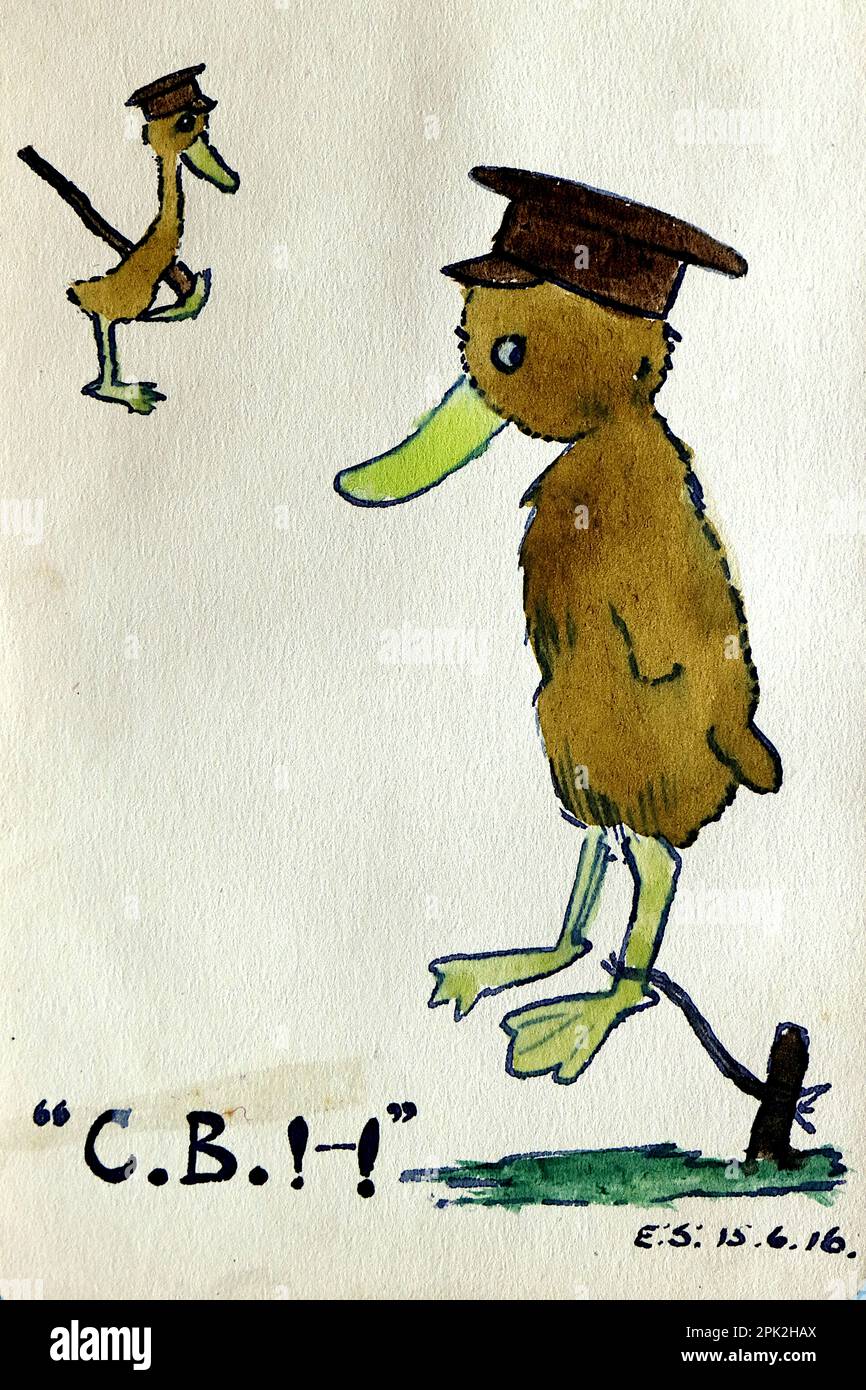 Two ducks in army hats, by E.S. c1916. From the original artwork in a ...
