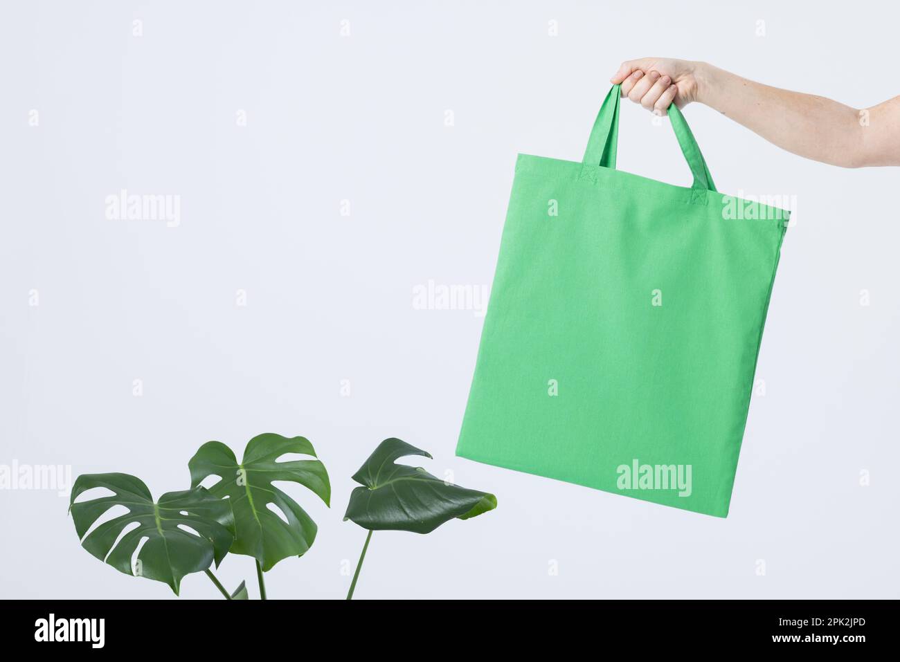 Hand of caucasian woman holding green canvas bag with copy space and ...