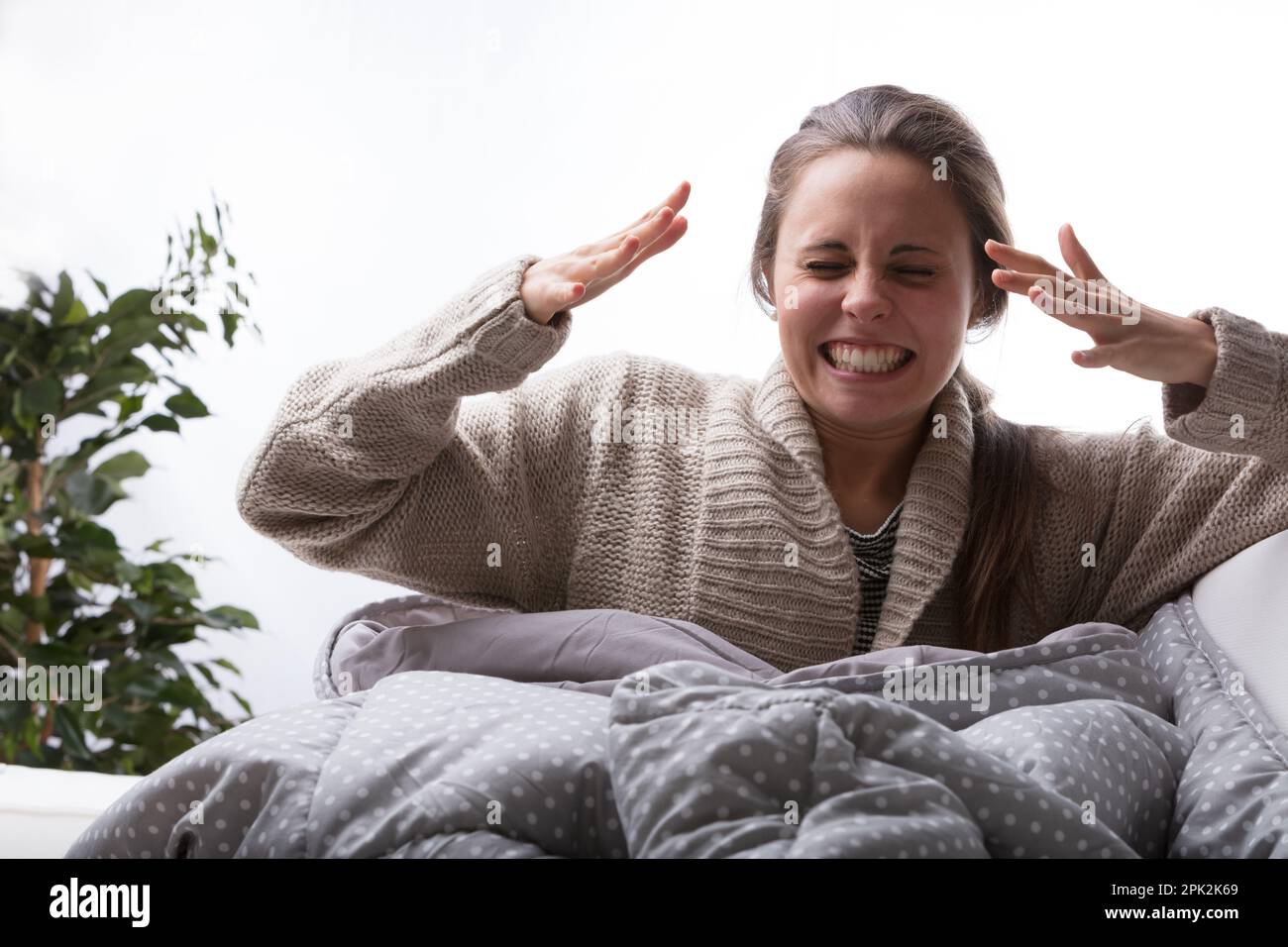 annoyed, young woman, blowing nose, sneezing, fed up, tired, illness ...