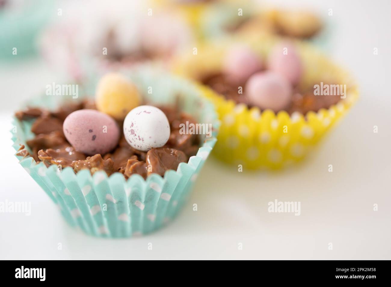 Chocolate mini egg nests in cupcake cases, made for Easter Stock Photo ...