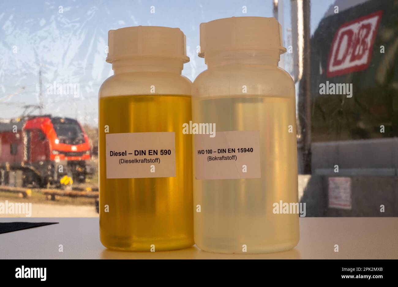 Munich, Germany. 05th Apr, 2023. A bottle of normal diesel (l) and a ...