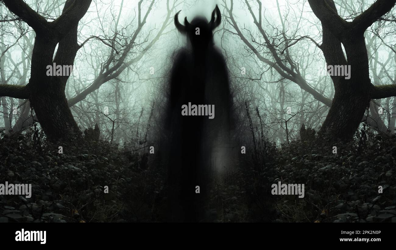 A blurred ghostly figure appearing on a path, like a pagan spirit, in a ...