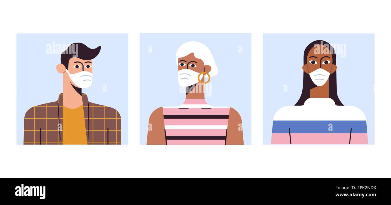 Covid 19 people wearing protective masks avatar girl in striped t-shirt ...