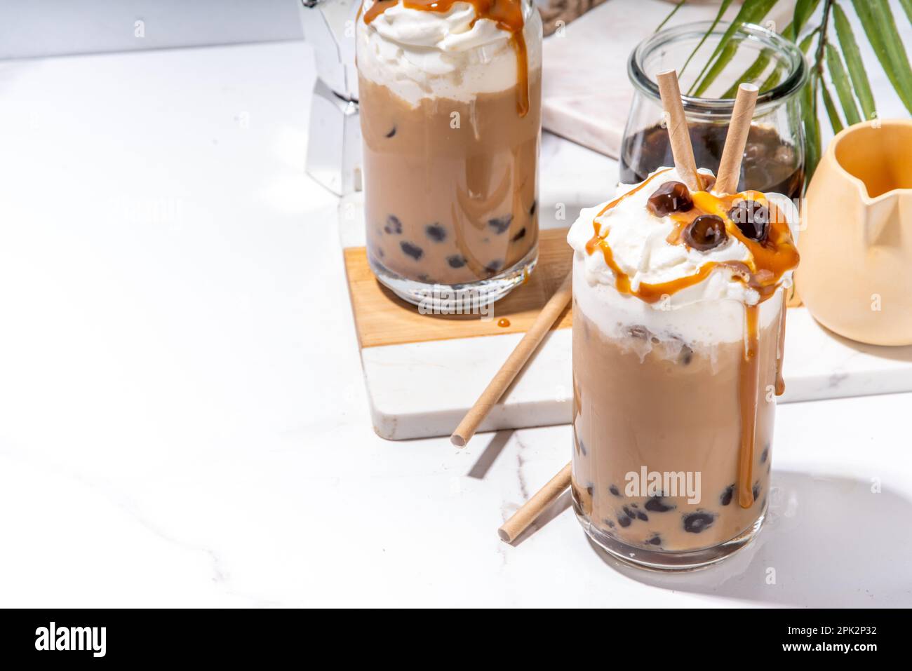 Tapioca boba balls coffee frappe, asian trendy cold coffee drink with ...