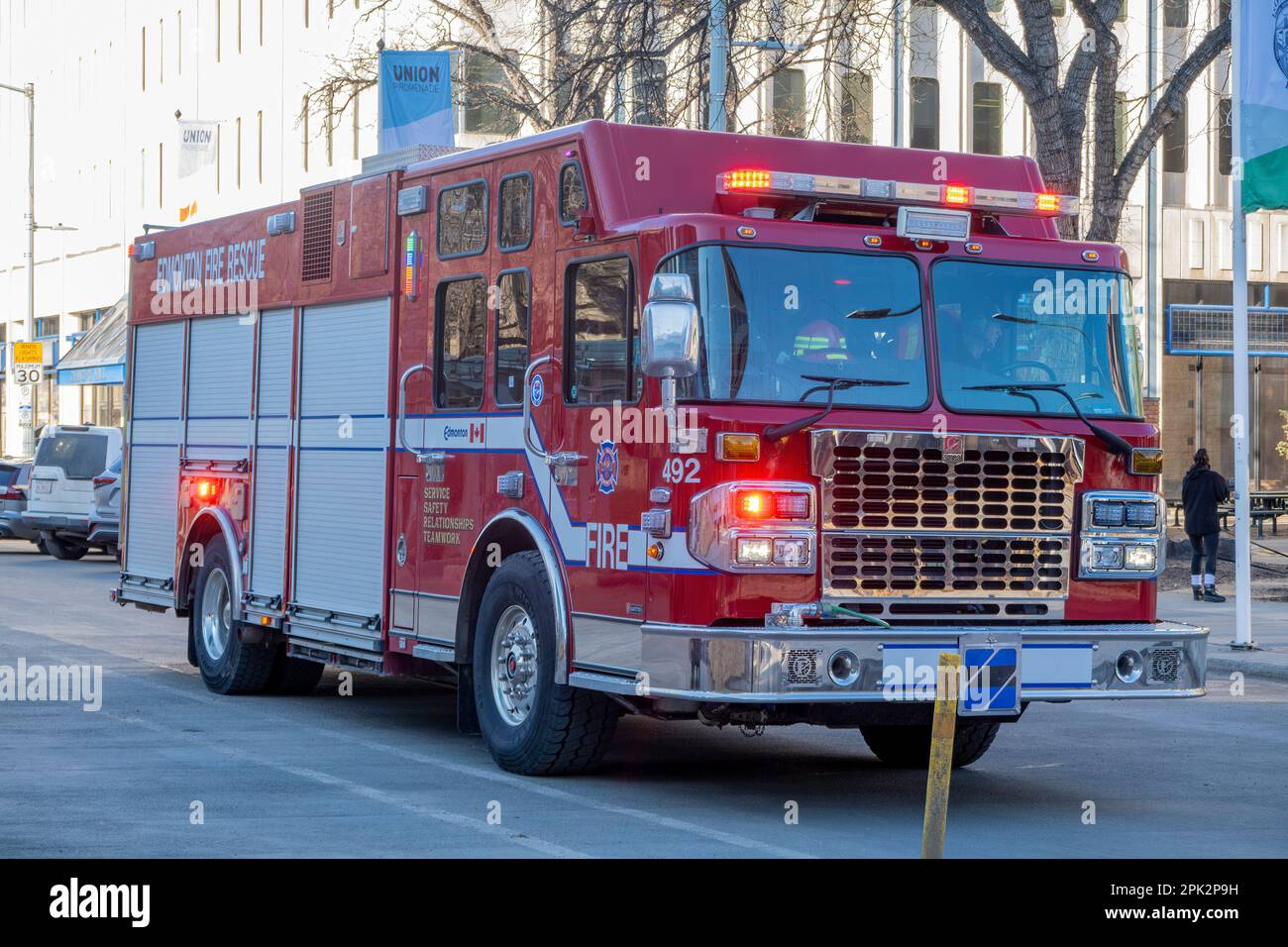 Edmonton, Alberta, Canada. Apr 04, 2023. Front view to a firefighter ...