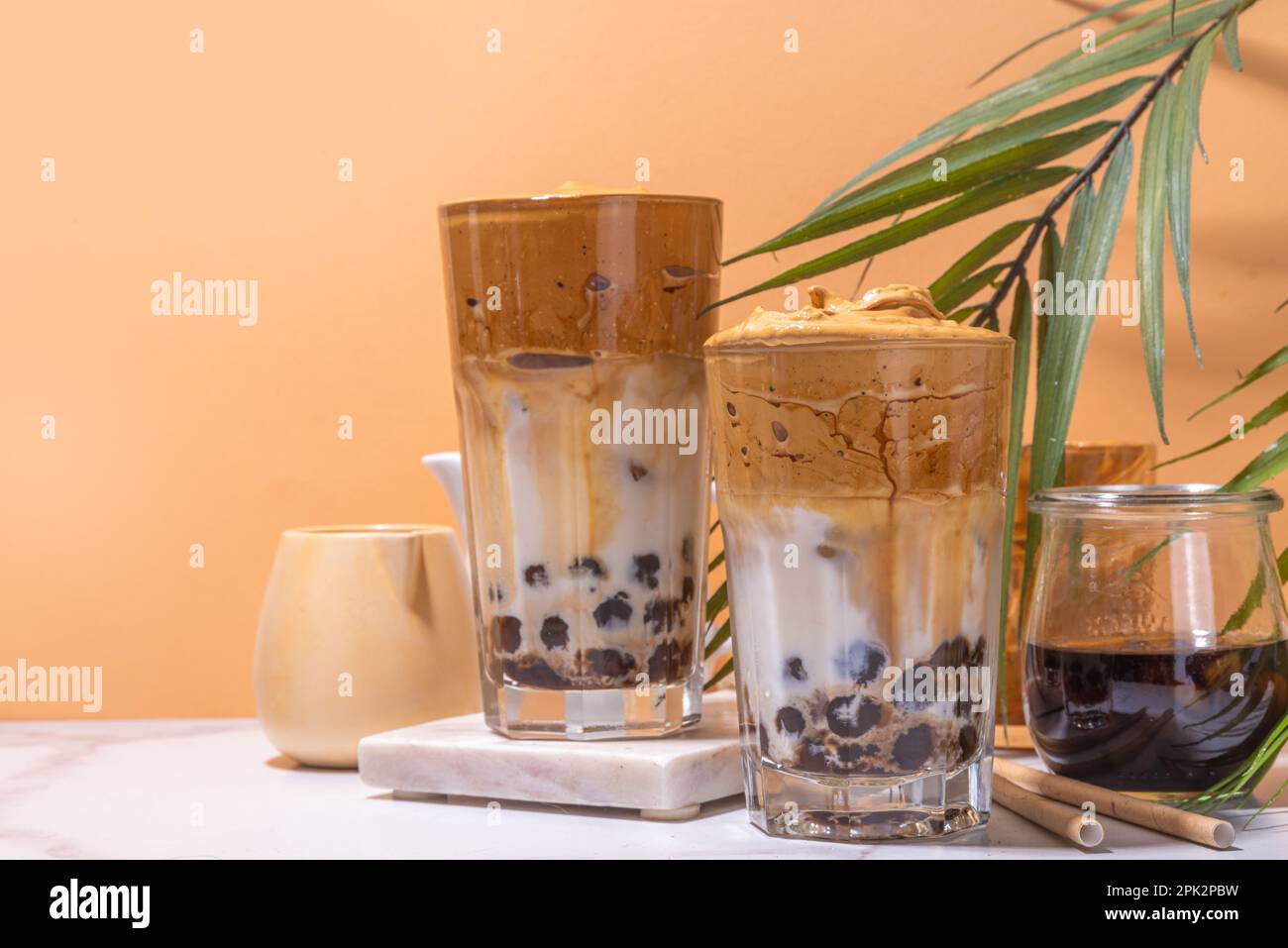 Boba dalgona coffee. Trendy asian latte morning drink with whipped ...
