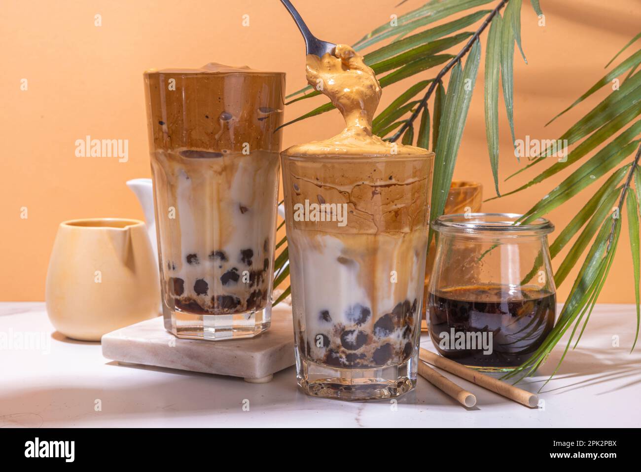 Boba dalgona coffee. Trendy asian latte morning drink with whipped ...