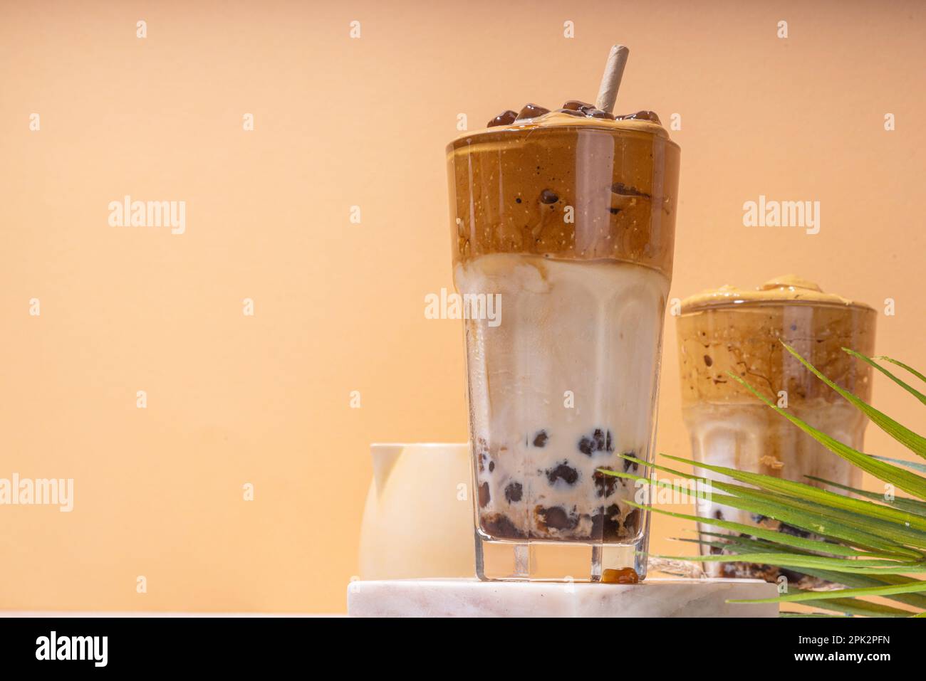 Boba dalgona coffee. Trendy asian latte morning drink with whipped ...