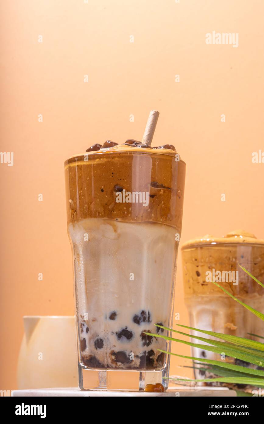 Boba dalgona coffee. Trendy asian latte morning drink with whipped ...
