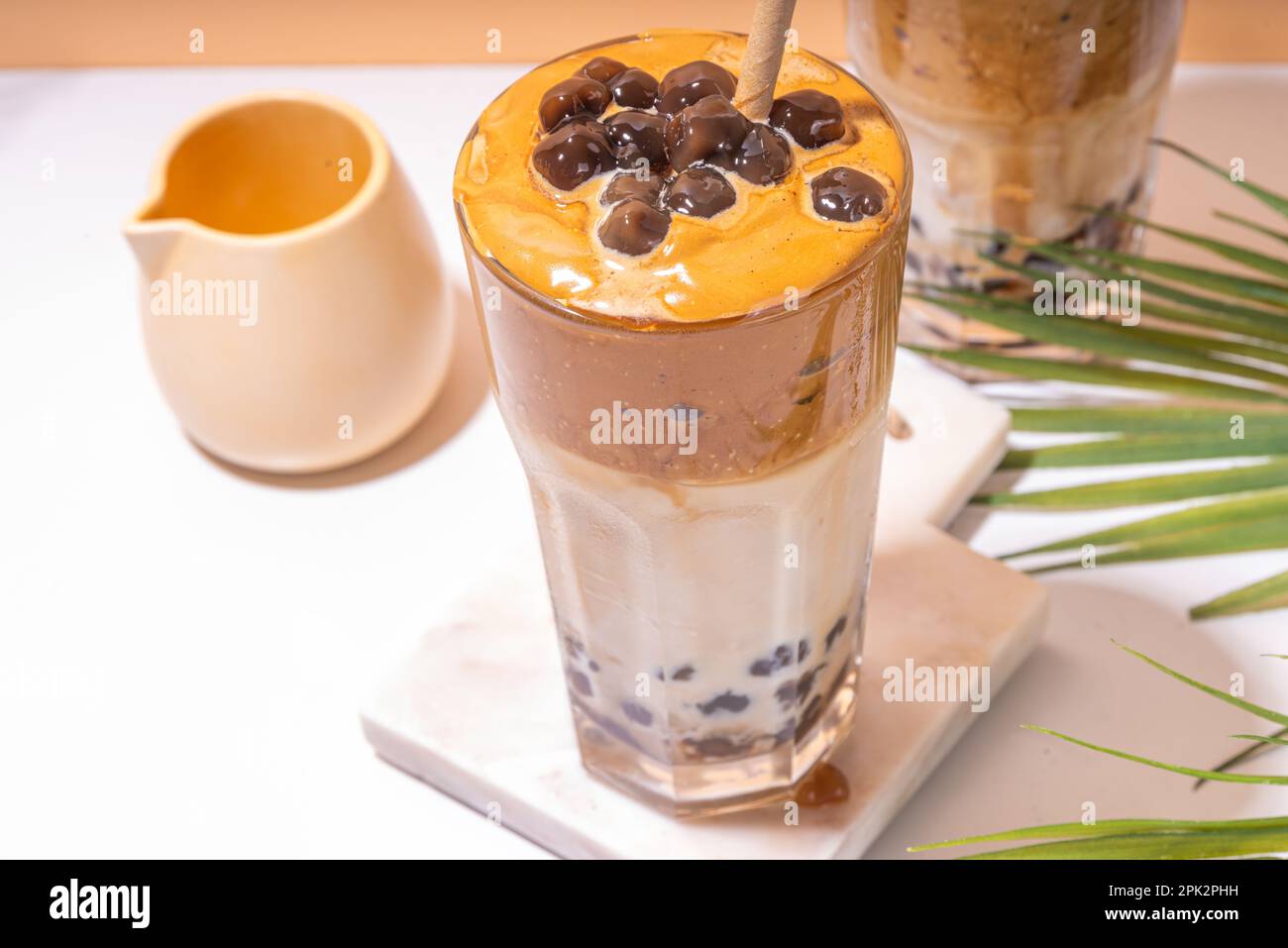 Boba dalgona coffee. Trendy asian latte morning drink with whipped ...