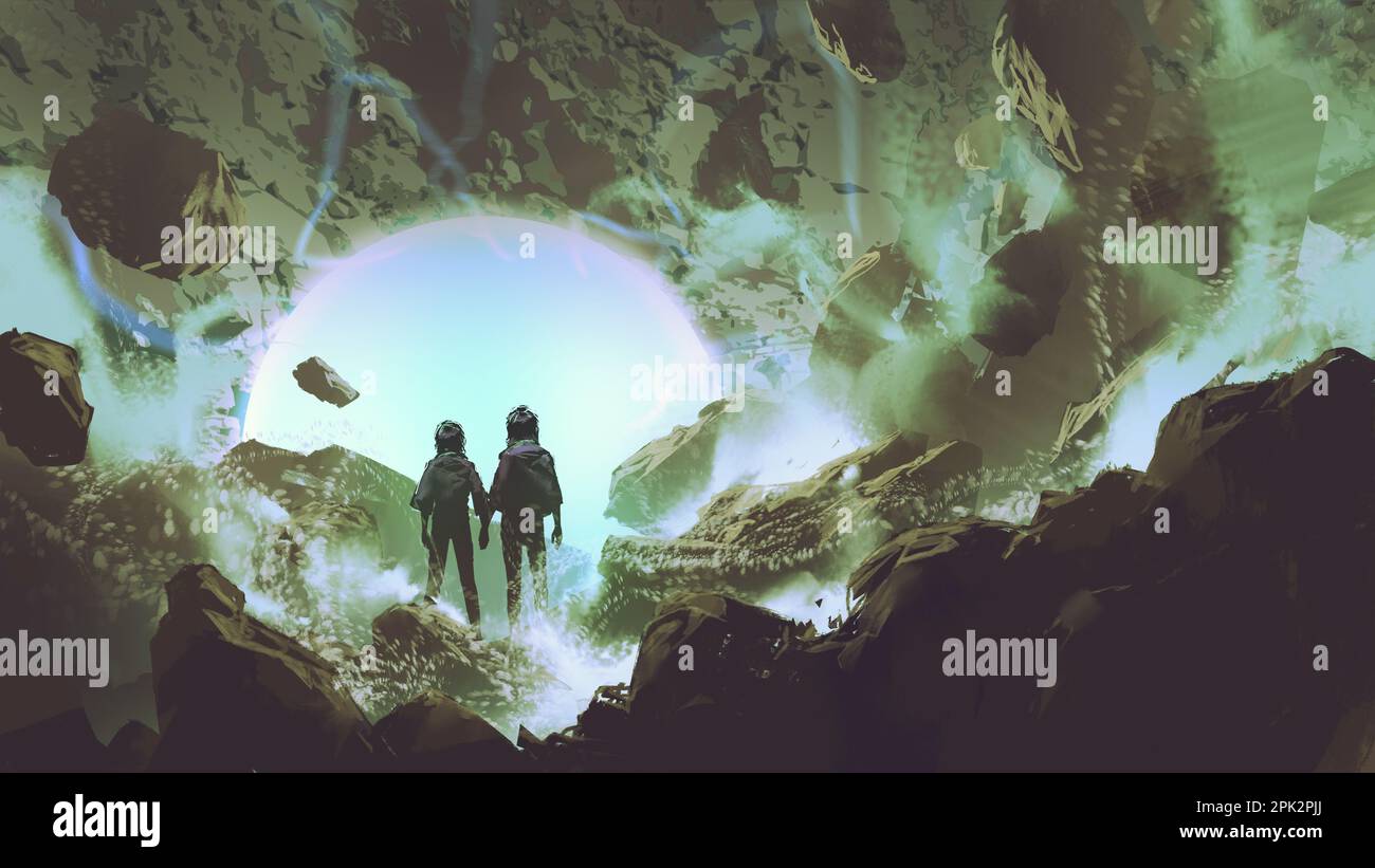 the couple standing and looking at a glowing sphere ball in the cave ...