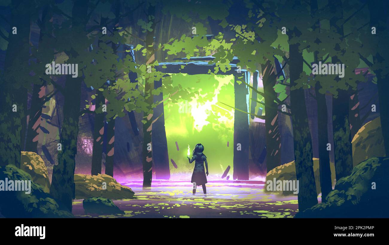 a girl standing in the forest cast a spell in front of the magic ...