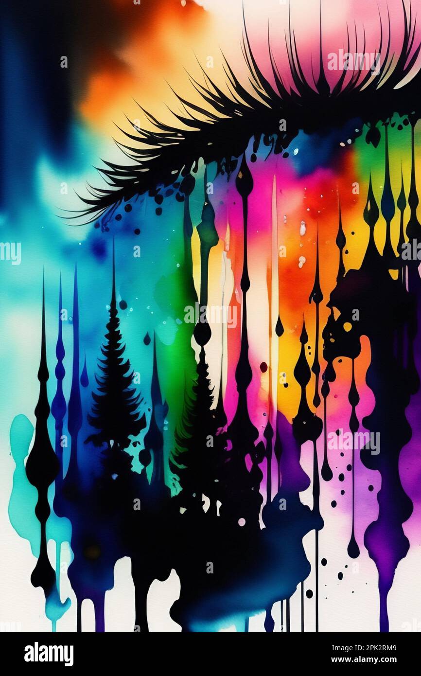 A vibrant watercolor painting of a single eye with a single drop of ...