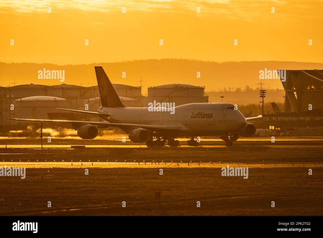 04 April 2023, Hesse, Frankfurt/Main: A Lufthansa Boeing 747 taxis to its take-off position at ...