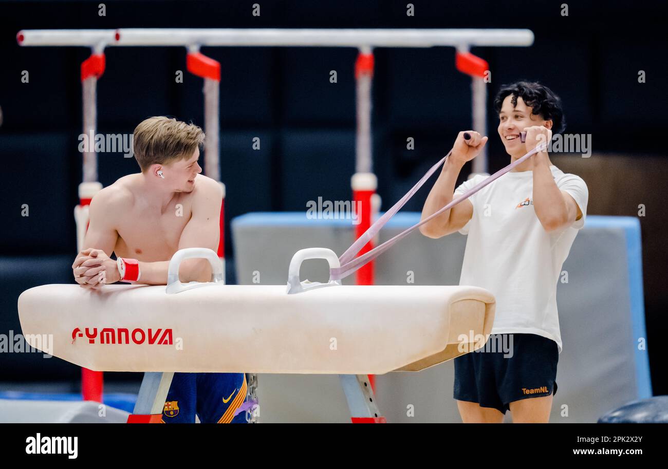 ROTTERDAM - Netherlands, 05/04/2023, Gymnasts Martijn de Veer (L) and ...