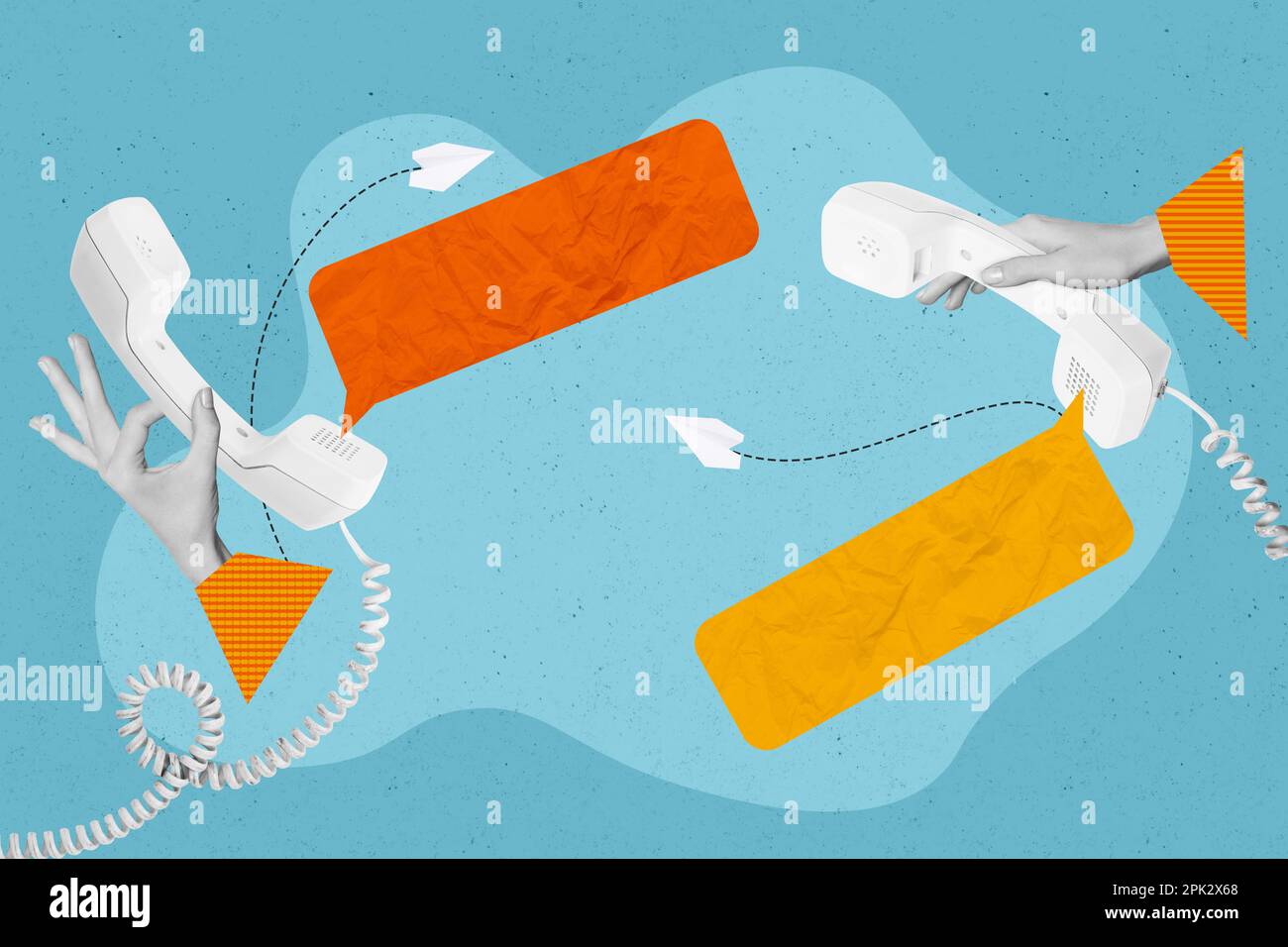 Creative collage image of two black white effect arms hold handset ...