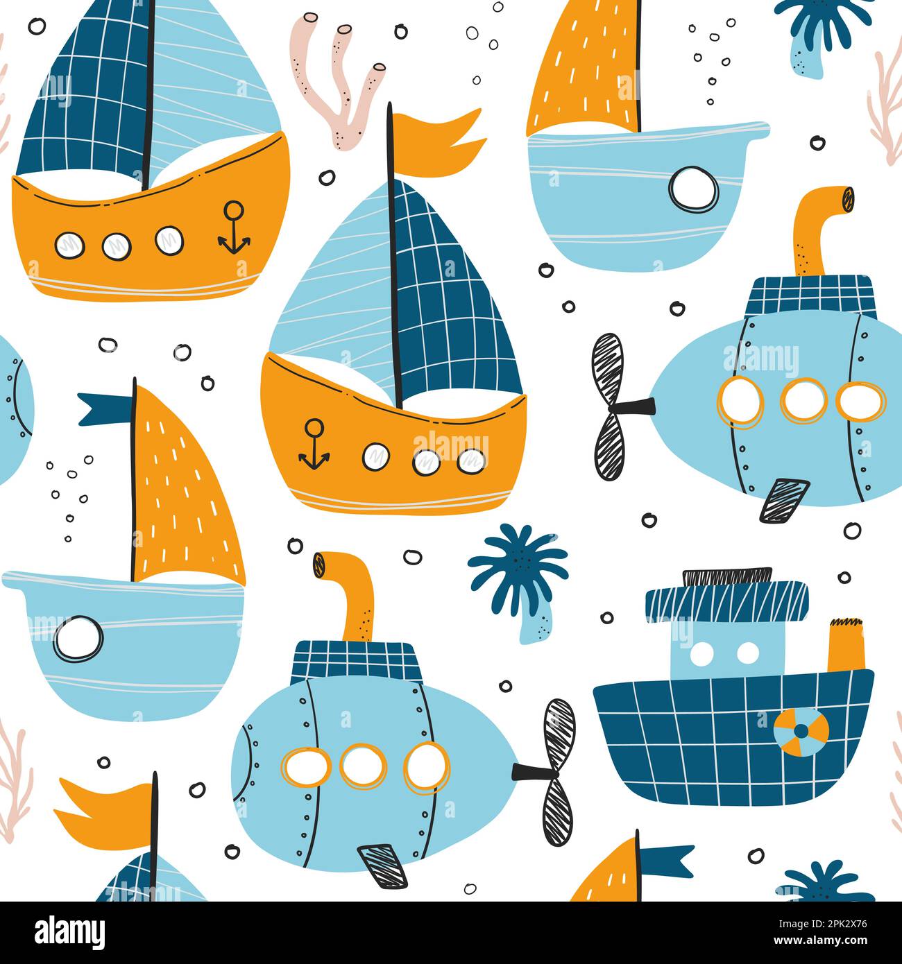 Vector hand-drawn color seamless repeating childish simple pattern with ...