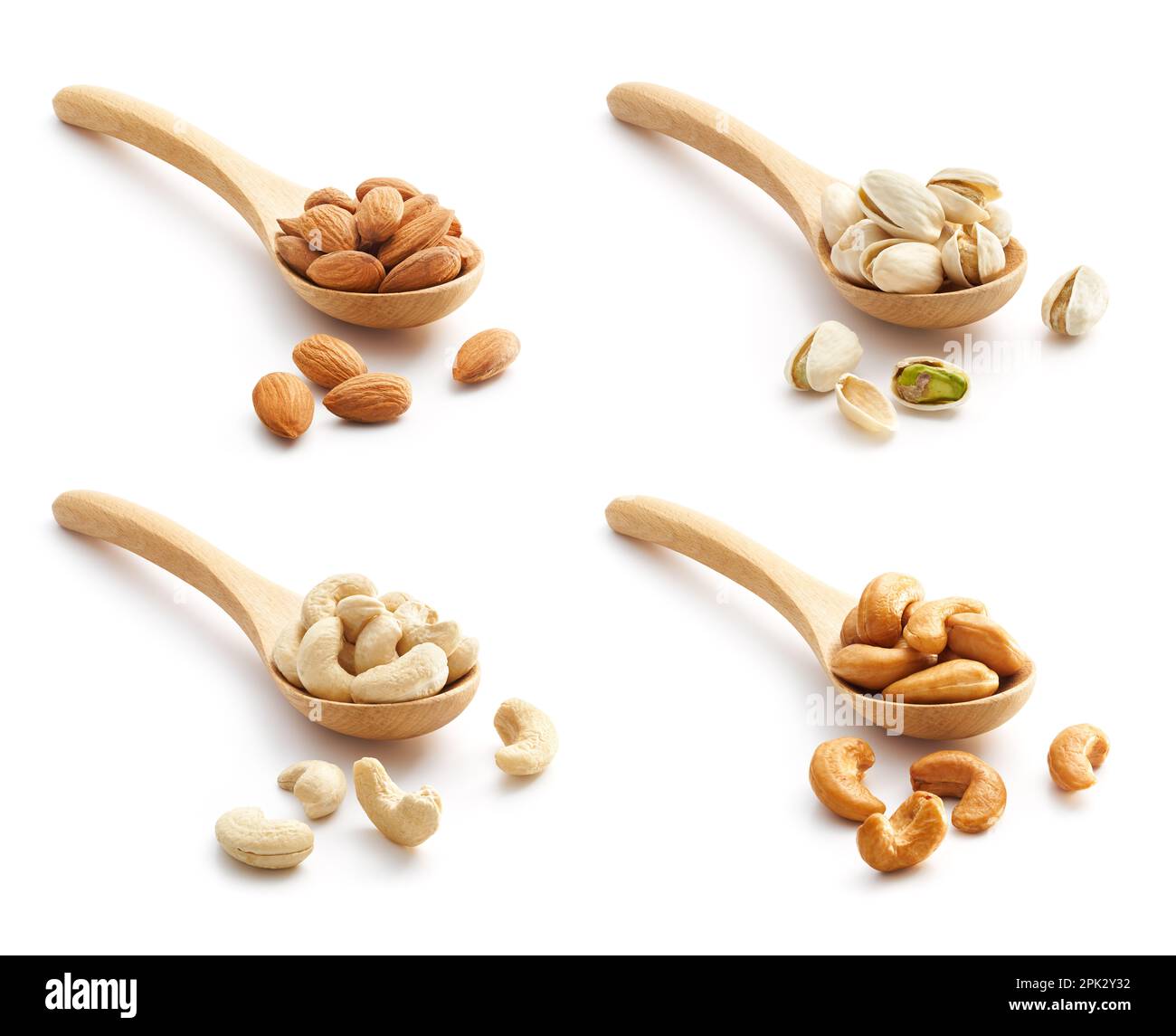Various of nuts on wooden spoon over white background Stock Photo - Alamy