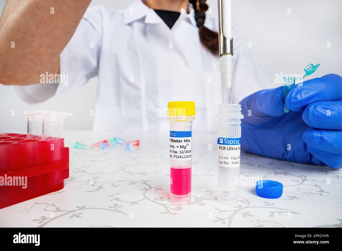 Scientist doctor pipetting samples in the lab with many scientific ...
