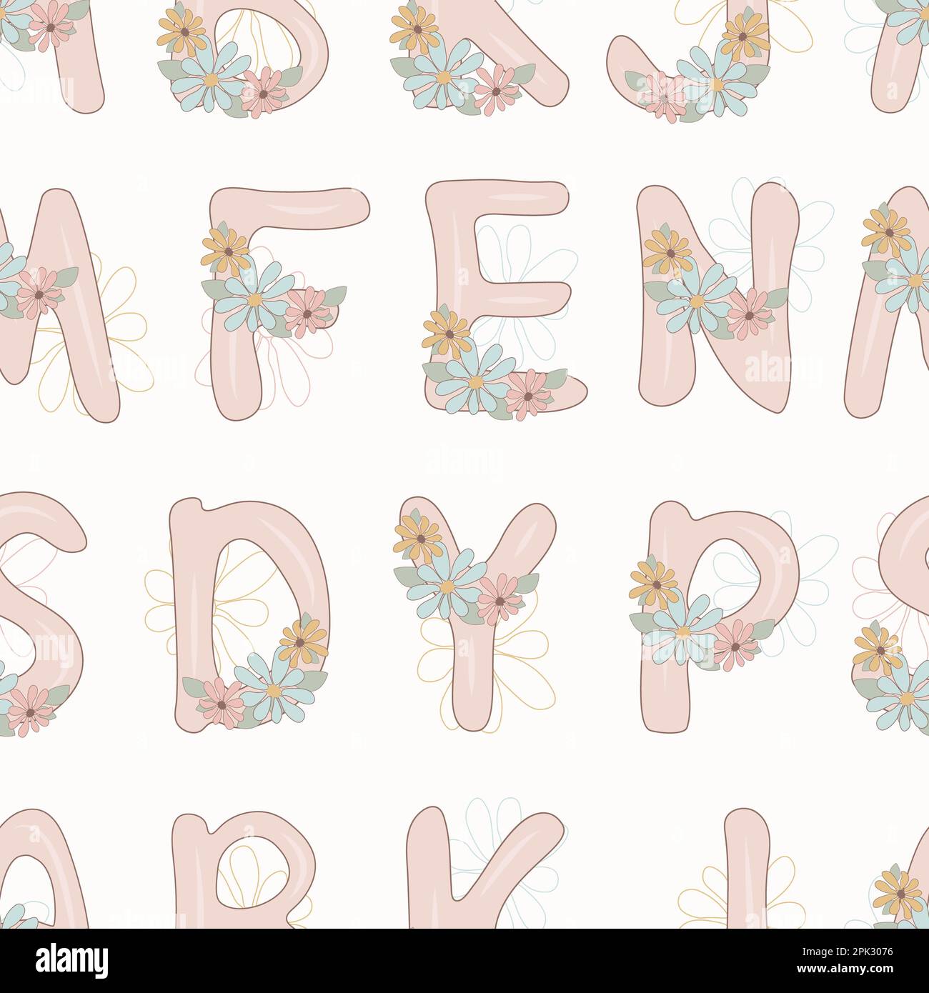 Hand drawn Flowers Alphabet seamless pattern, hand drawn ABC repeat ...